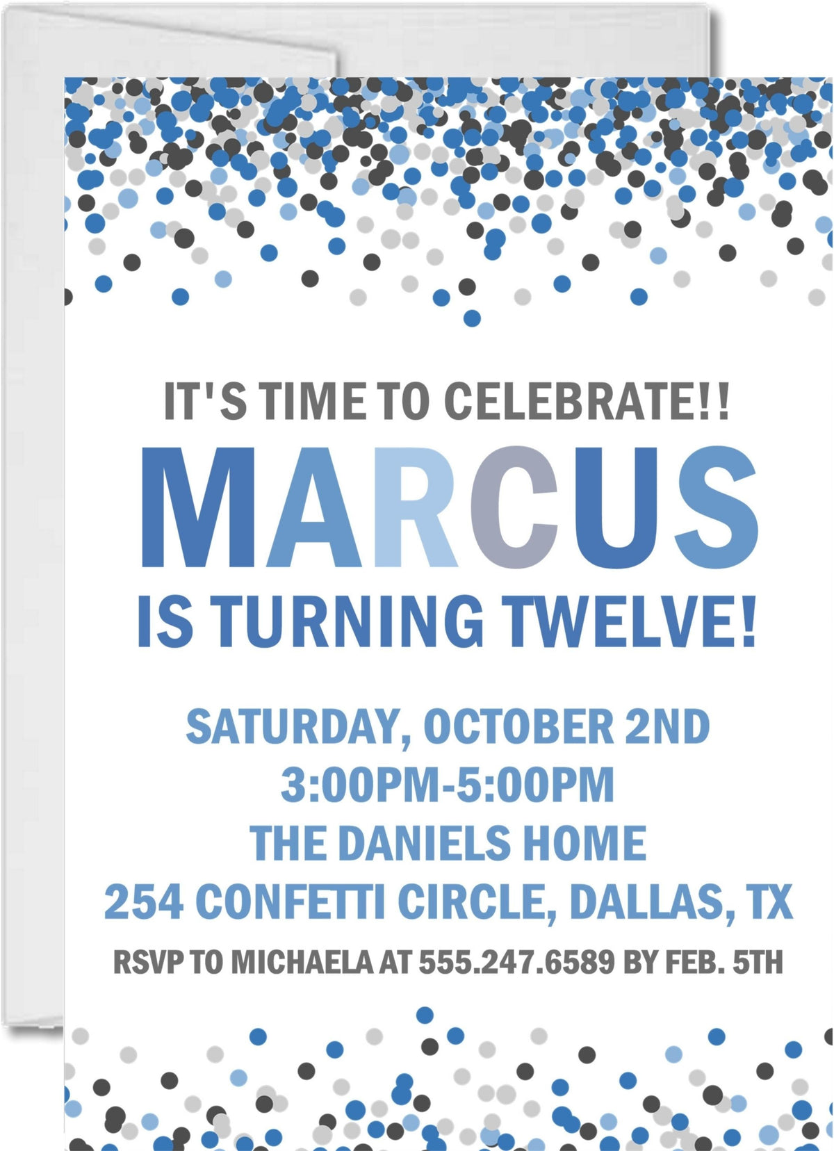 Blue And Grey Confetti Birthday Party Invitations — Party Beautifully