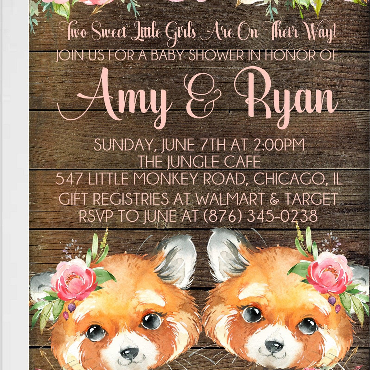 Girl Twins Woodland Fox Baby Shower Invitations — Party Beautifully