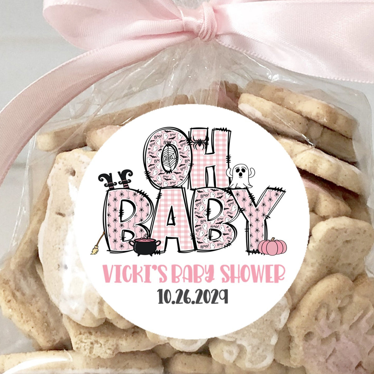 Pink Halloween Oh Baby Baby Shower Stickers | Cute Halloween Favor ...