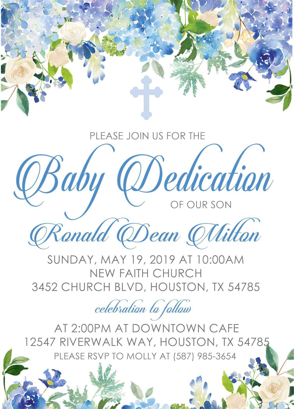 Blue Floral Baby Dedication Invitations — Party Beautifully