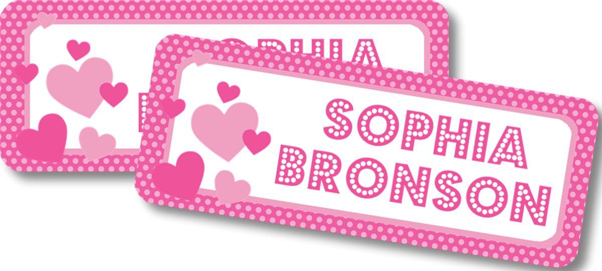 Pink Heart Personalized School Name Labels – Party Beautifully