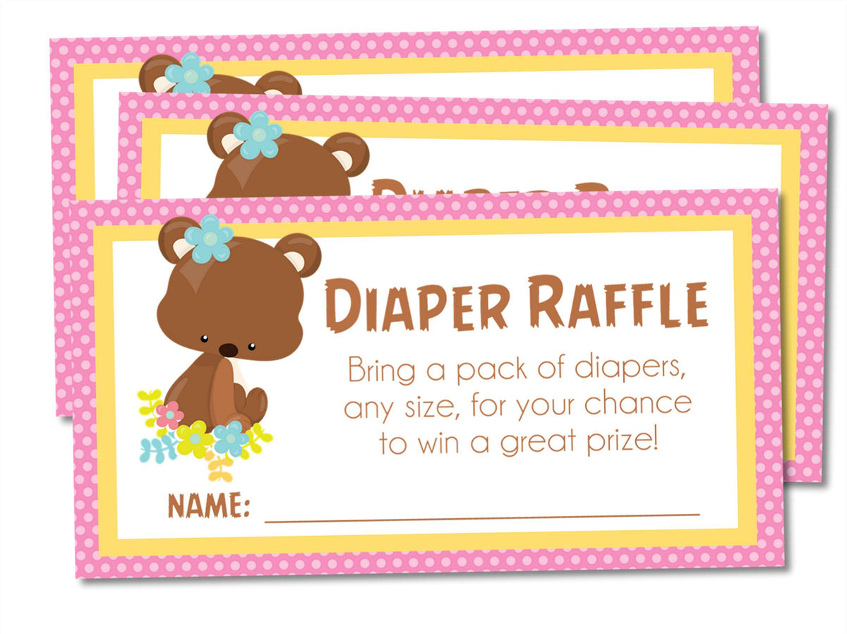 Girls Woodlands Bear Diaper Raffle Tickets — Party Beautifully