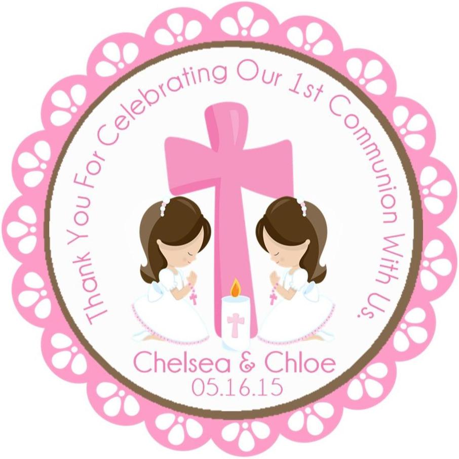 Pink Twins First Communion Stickers – Personalized Sister Favor Labels ...