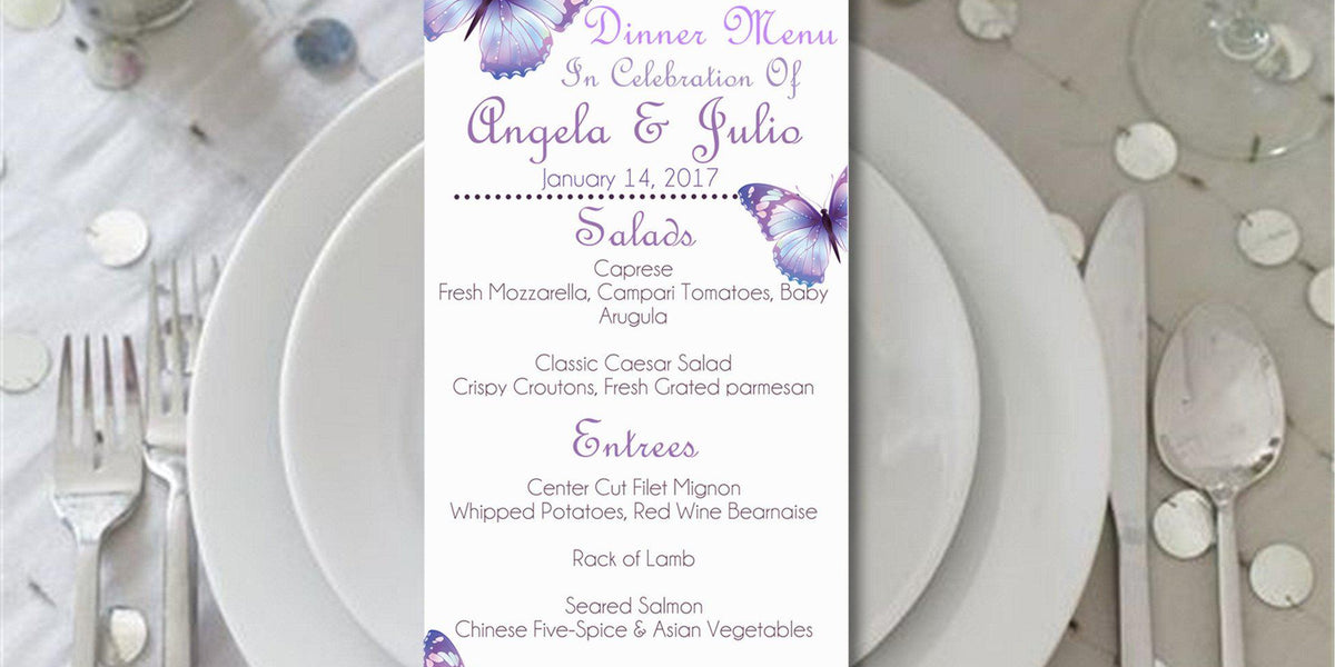 Purple Butterfly Wedding Menus — Party Beautifully